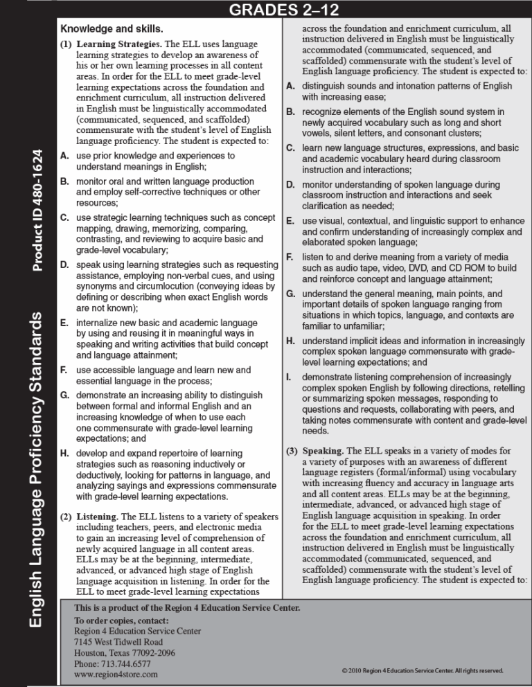 English Language Proficiency Standards (ELPS) Chart, Grades 2-12 – Rstore